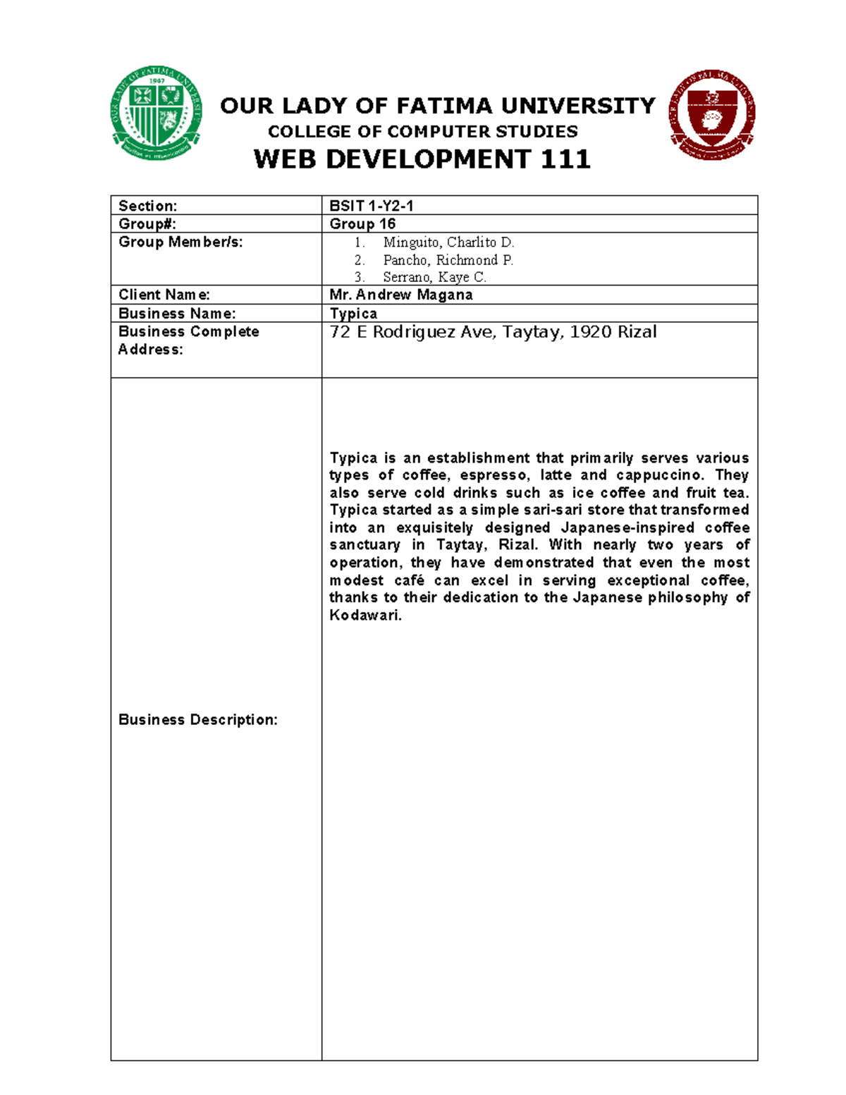 WBDV G16 - OUR LADY OF FATIMA UNIVERSITY COLLEGE OF COMPUTER STUDIES ...