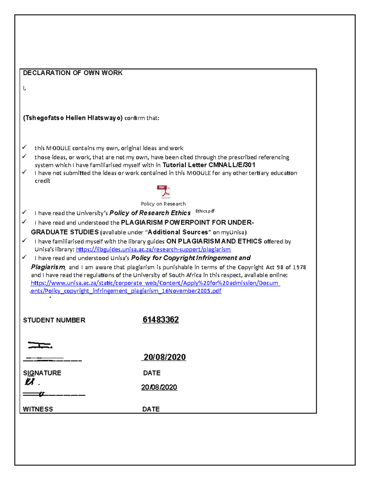 Communication in the Organisation (DPR1502) 2021 - DECLARATION OF OWN WORK I, (Tshegofatso ...