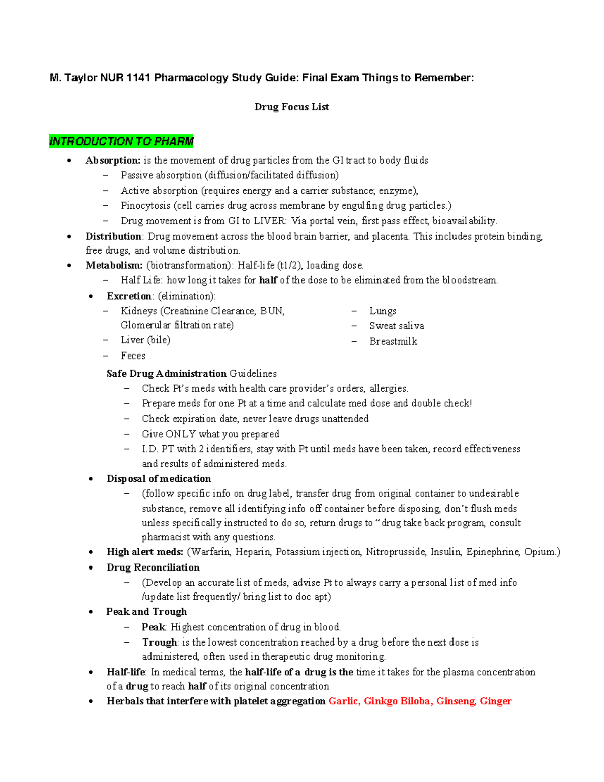 Pharm Final Guide - M. Taylor NUR 1141 Pharmacology Study Guide: Final ...