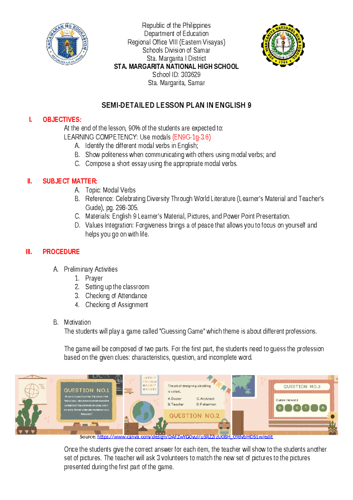 Lesson plan in English 9 - Unchanging values in a VUCA World - Republic ...