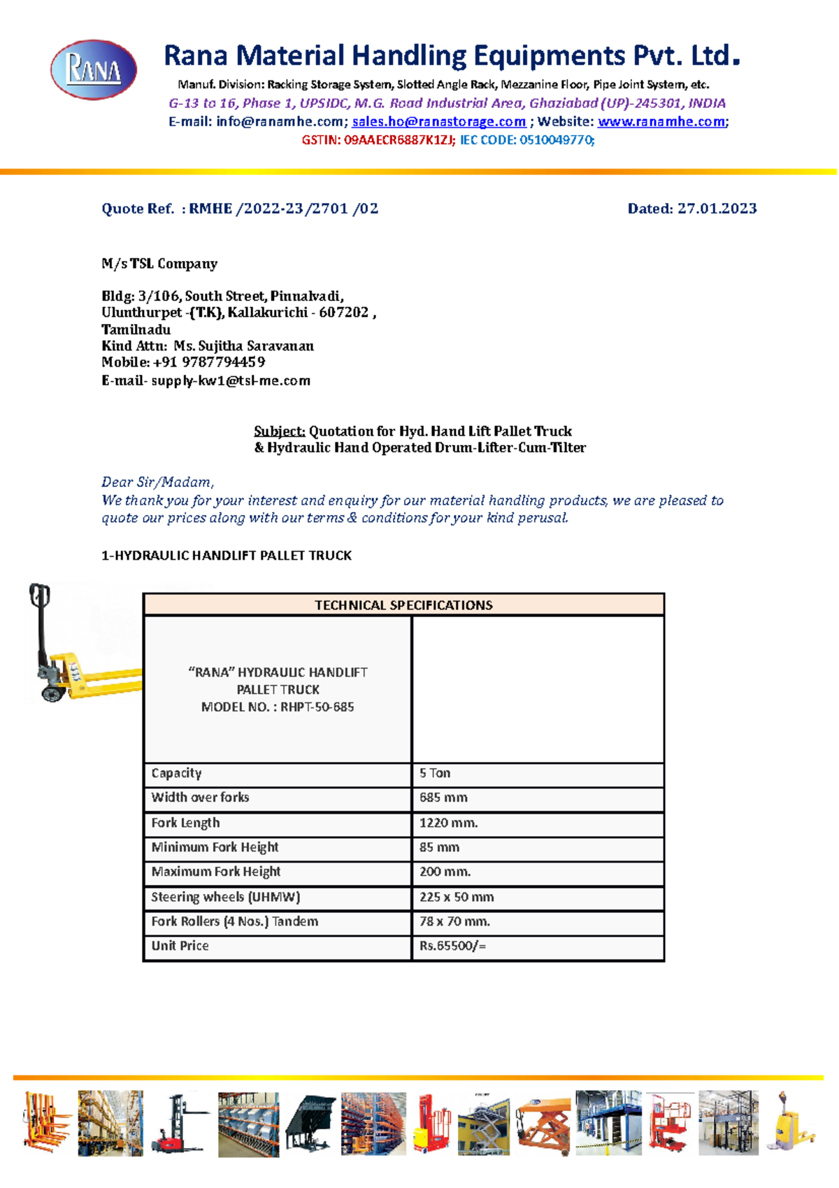 RANA MHE - Quote -TSL Company - Manuf. Division: Racking Storage System ...