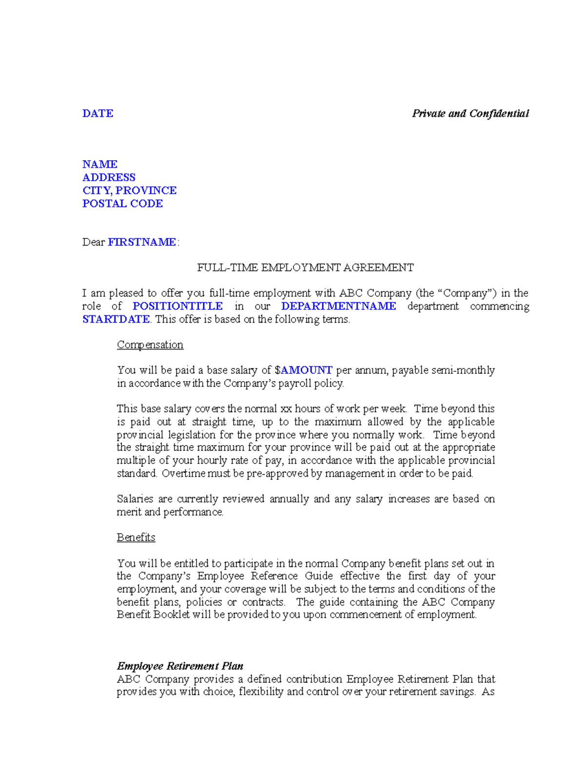 Sample Employment Agreement - DATE Private and Confidential NAME ...