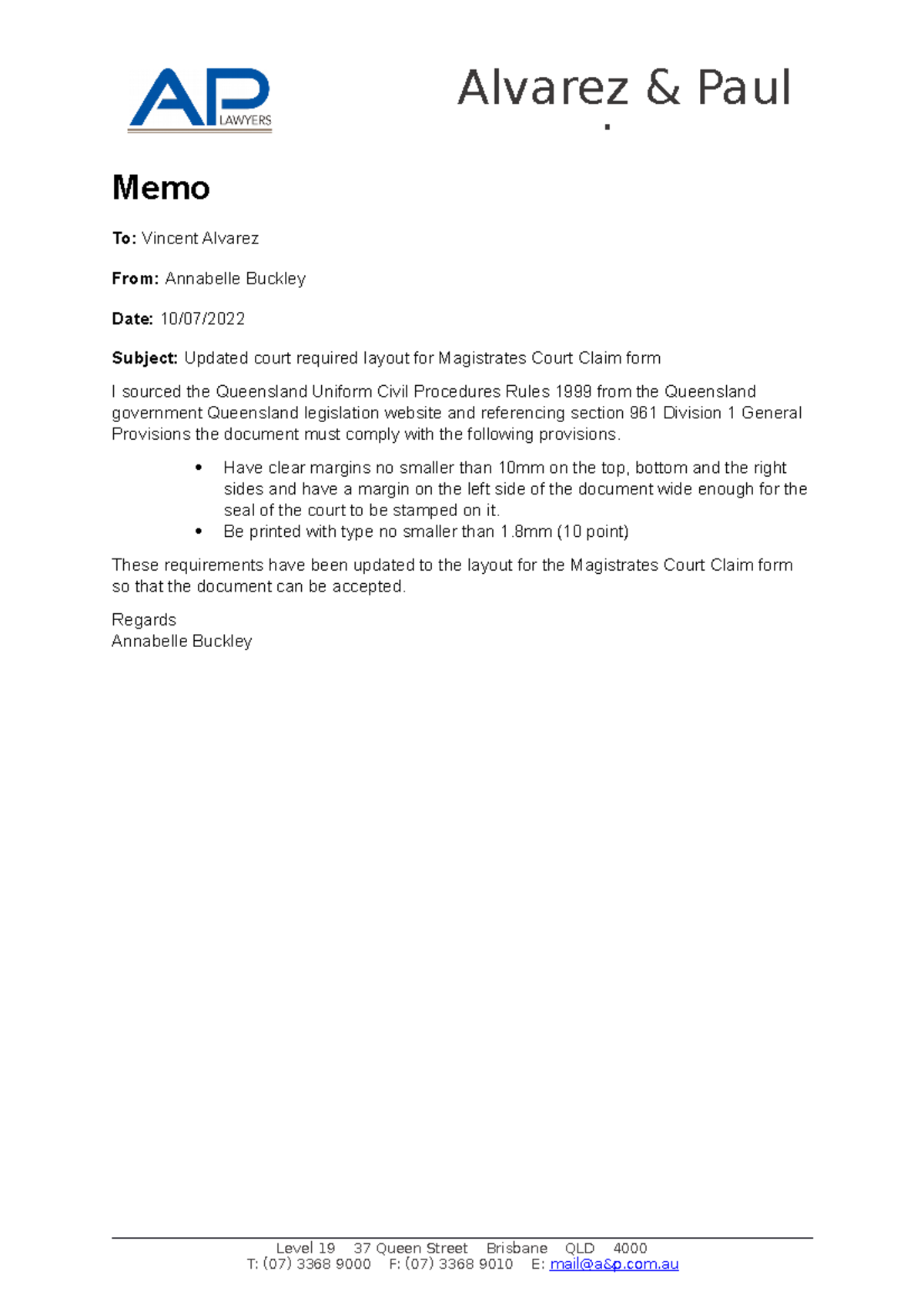 Part 4 - Claim Memo - asdfgh - Memo To: Vincent Alvarez From: Annabelle ...