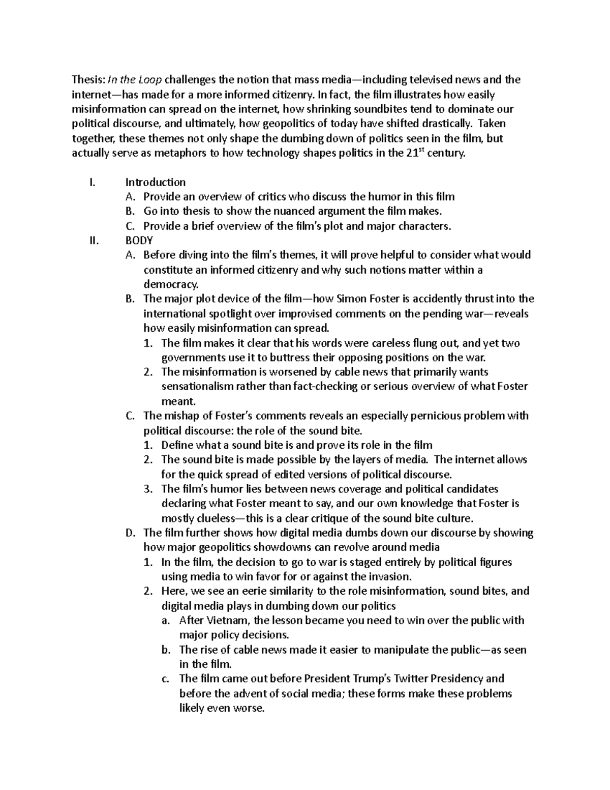 In the Loop outline example - Thesis: In the Loop challenges the notion ...