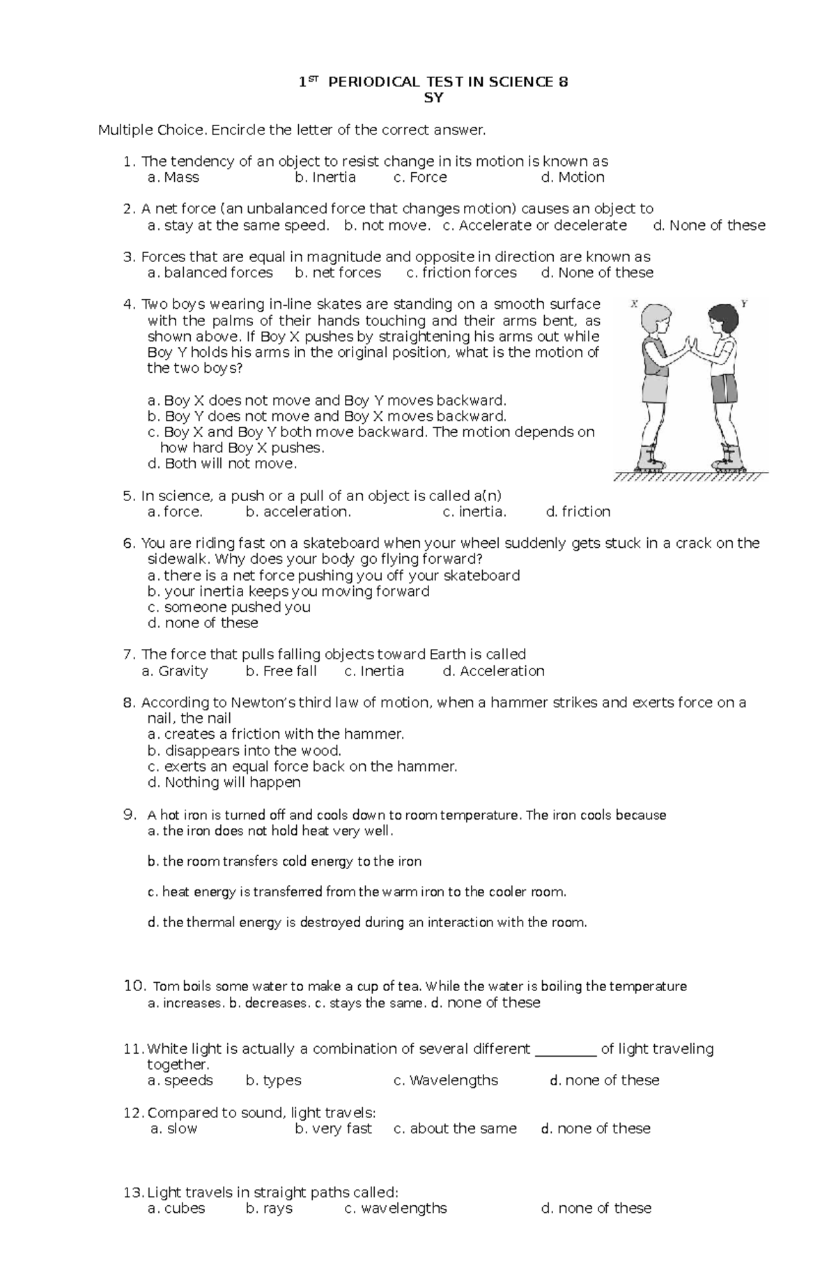 PT Science 8 Q1 - Diagnostic test - 1 ST PERIODICAL TEST IN SCIENCE 8 ...