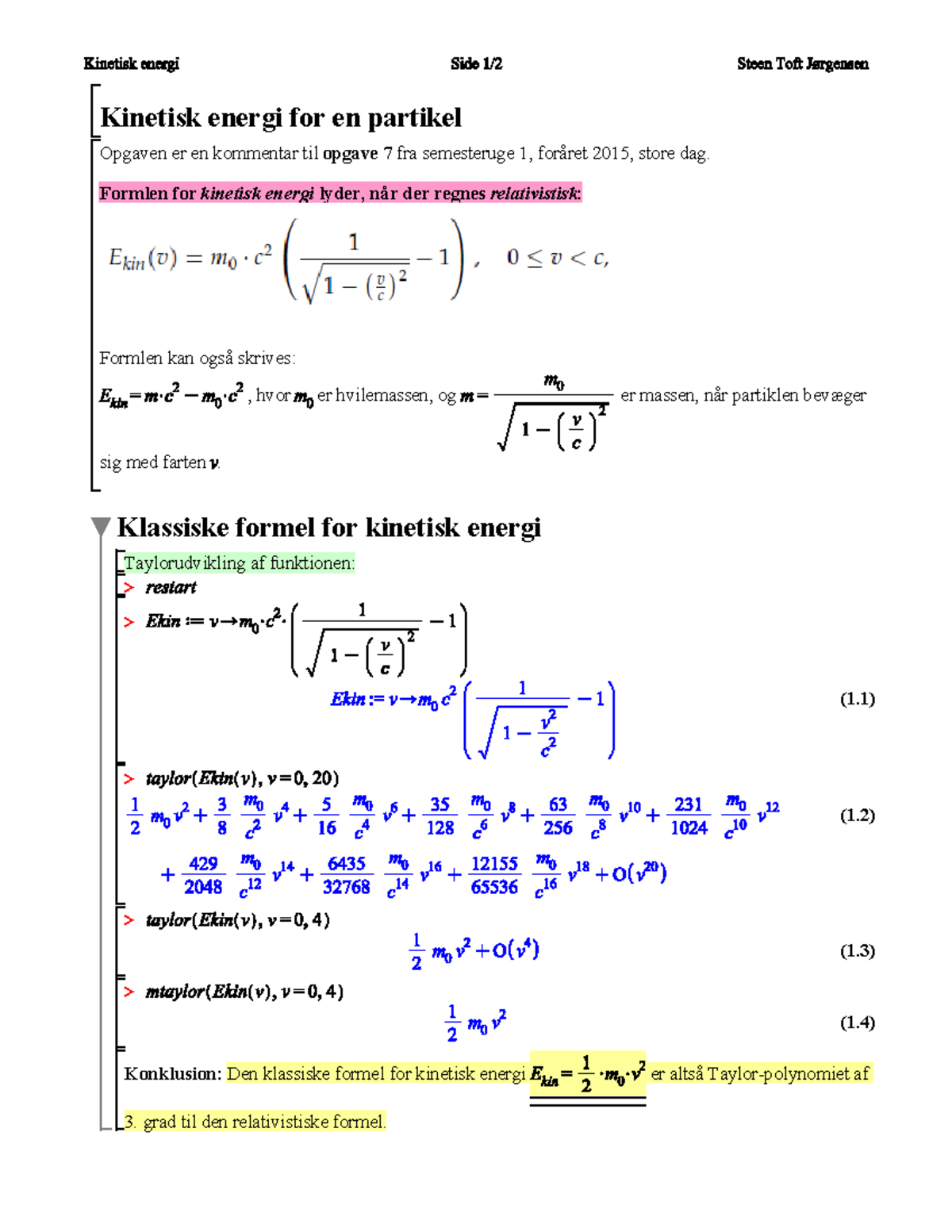 Lecture notes - Kinetisk energi - Matematik 1 - Kinetisk energi for en ...