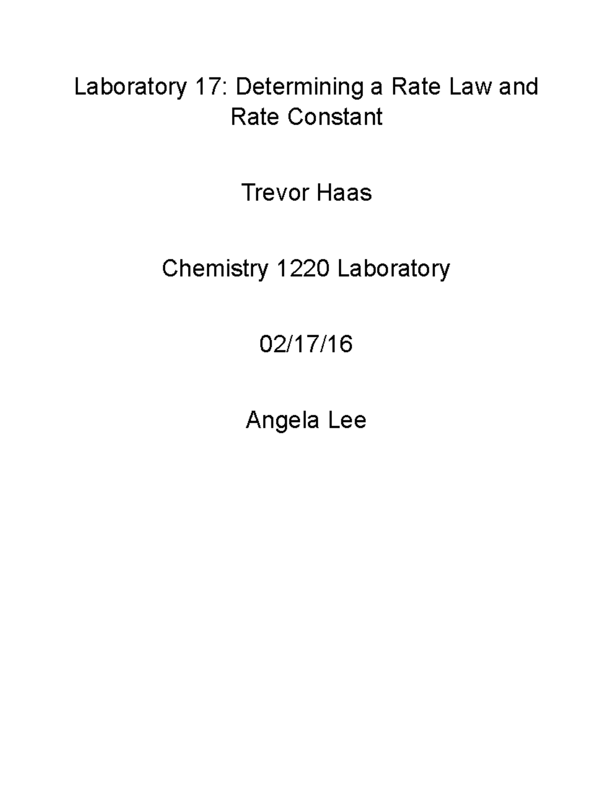 Chem 1220 Post Lab 17 13q9h2f - Laboratory 17: Determining a Rate Law ...