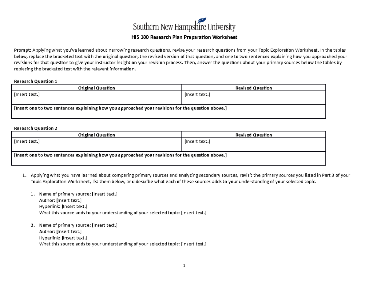 HIS 100 Research Plan Preparation Worksheet - HIS 100 Research Plan ...