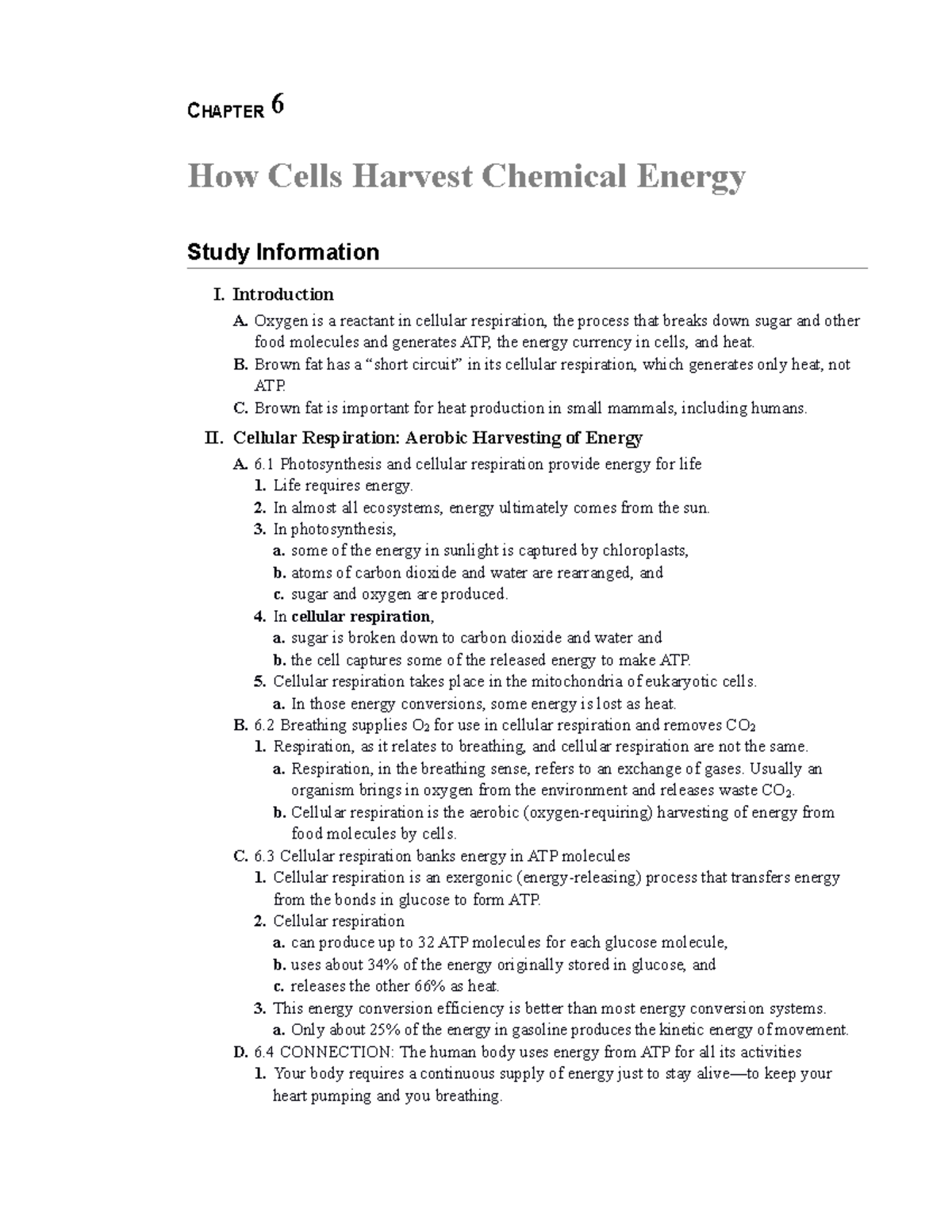Study Information - Chapter 6 - CHAPTER 6 How Cells Harvest Chemical ...