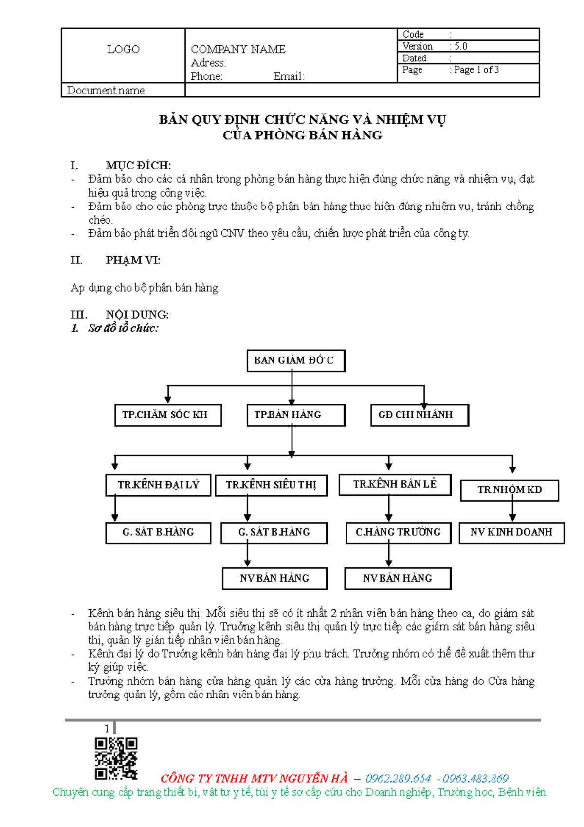 1.2.1 Chuc nang nhiem vu va so do to chuc phong ban hang - LOGO COMPANY NAME Adress: Phone ...