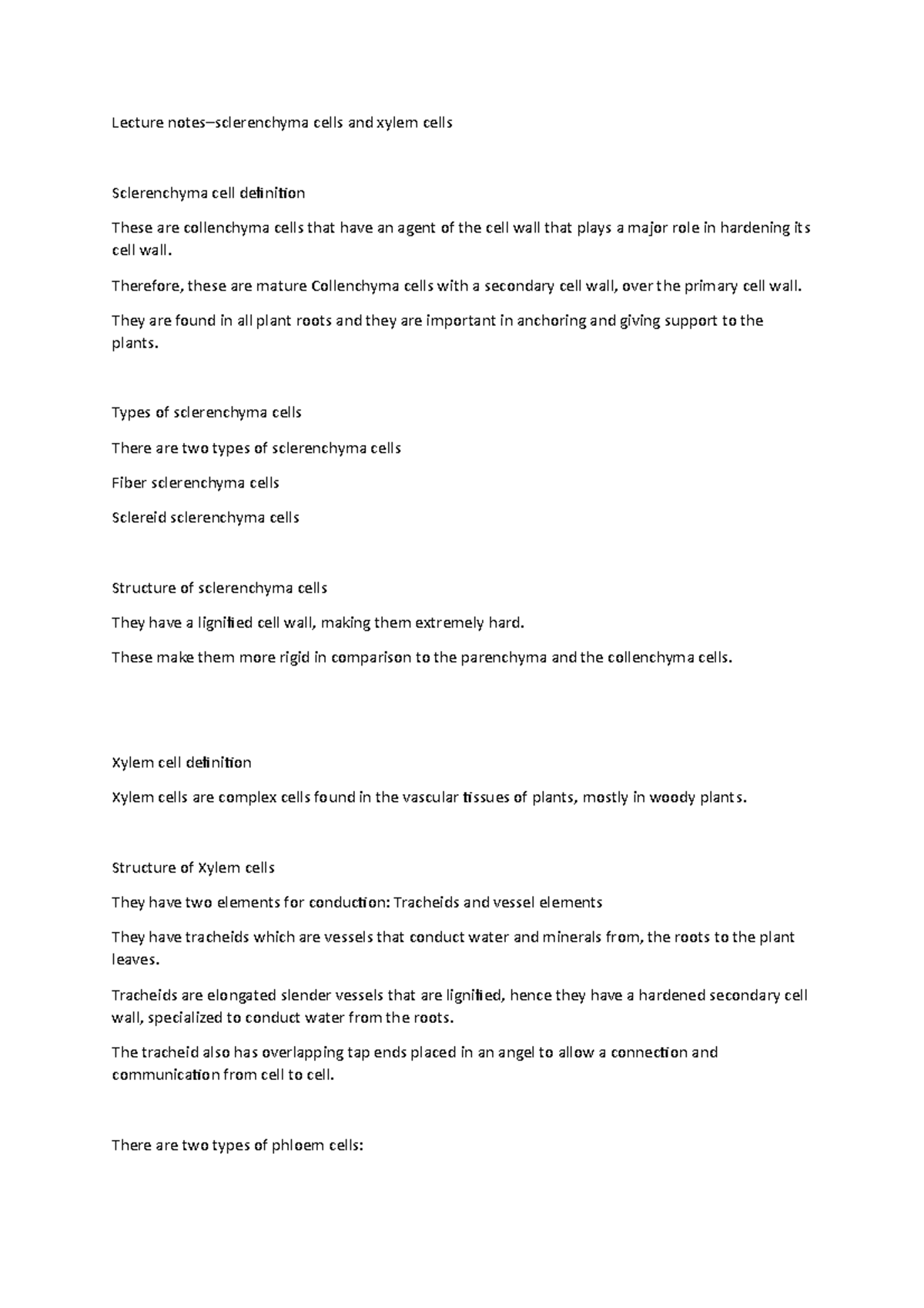 Lecture notes- xylem cell - Lecture notes–sclerenchyma cells and xylem ...