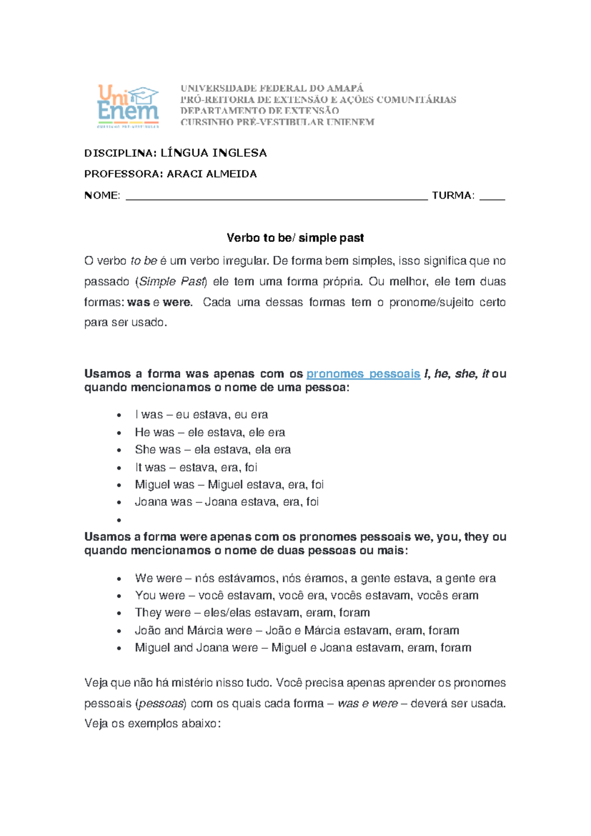 Verbo to be simple past - Resumo de conteúdo com atividades ...