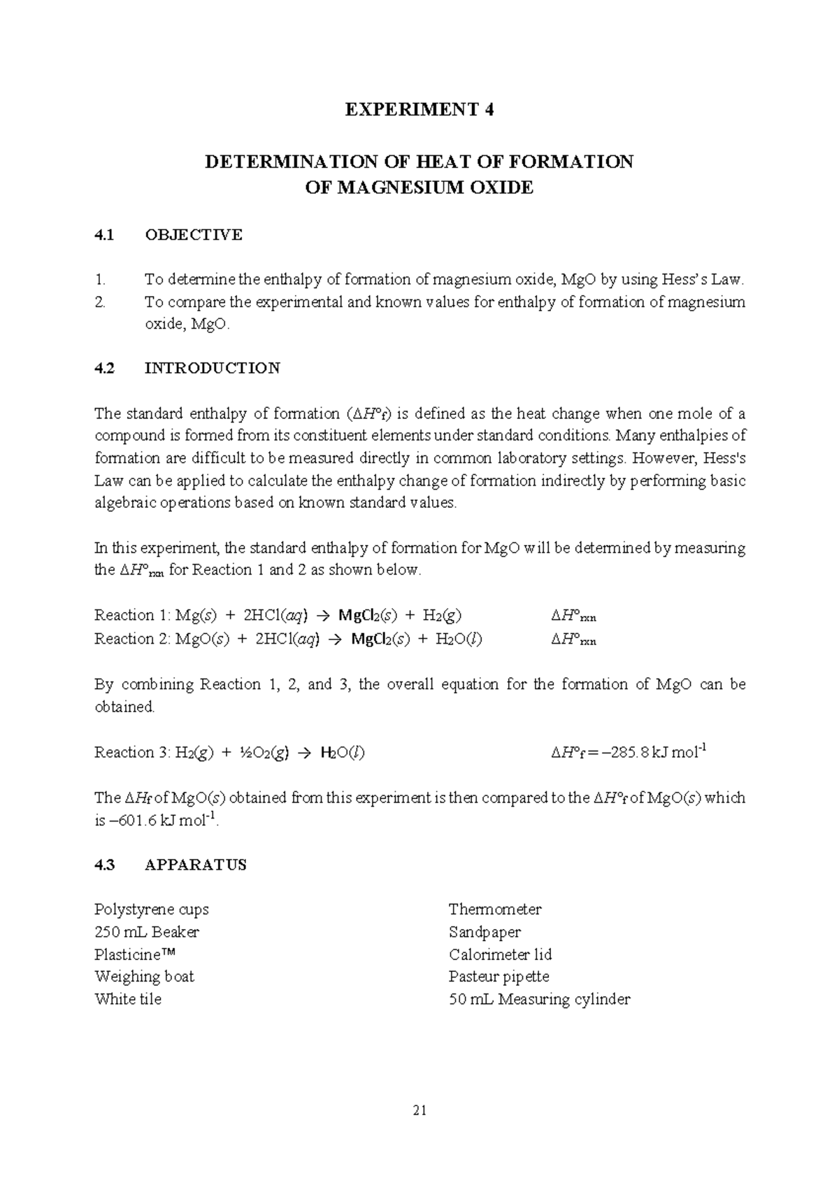 Experiment 4 Student Version - EXPERIMENT 4 DETERMINATION OF HEAT OF ...