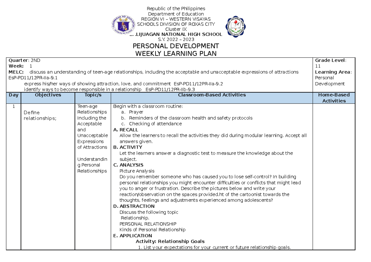 Weekly Learning Plan WEEK 1 2ND Quarter - Republic of the Philippines ...