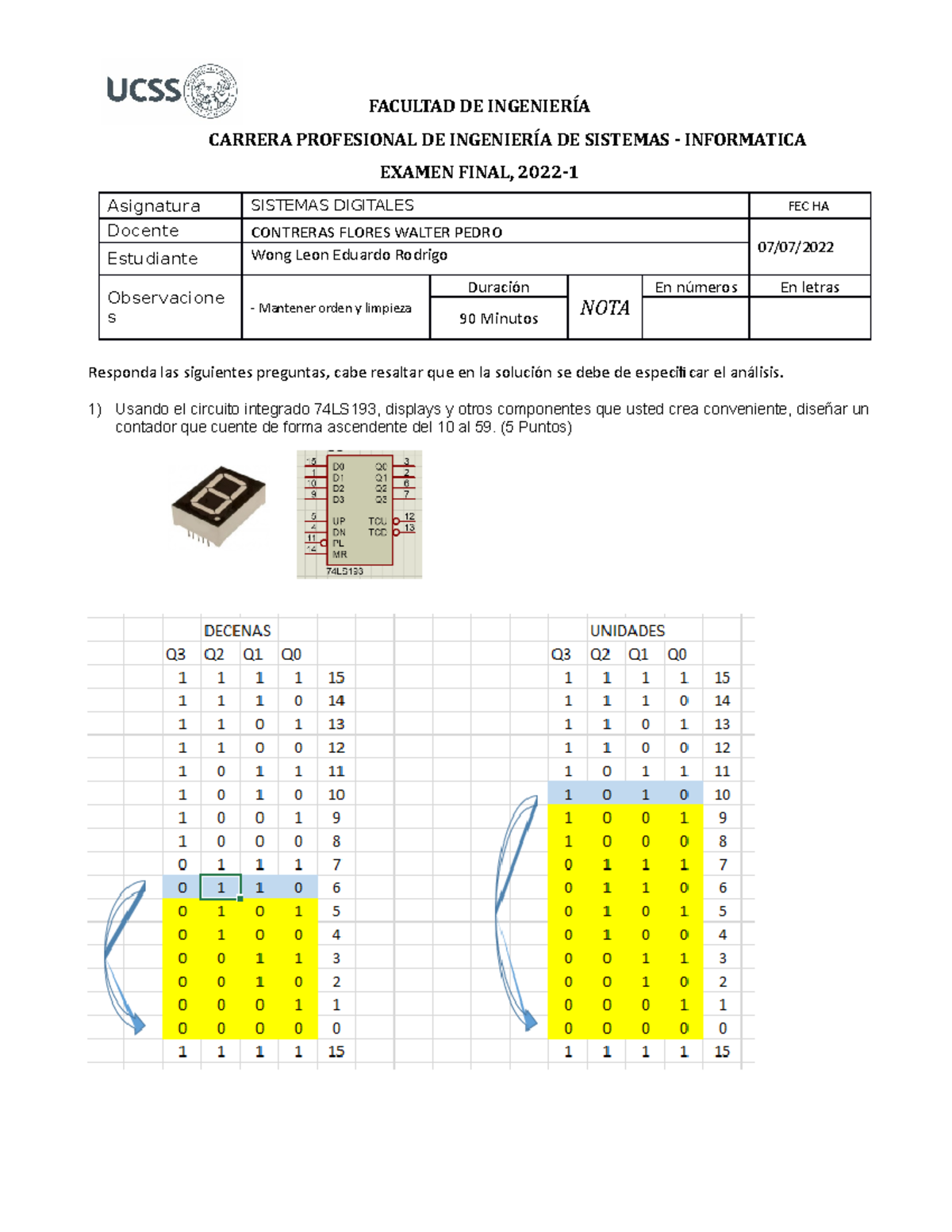 Sistemas-digitales-2022-1 Efinal wong - FACULTAD DE INGENIERÍA CARRERA ...