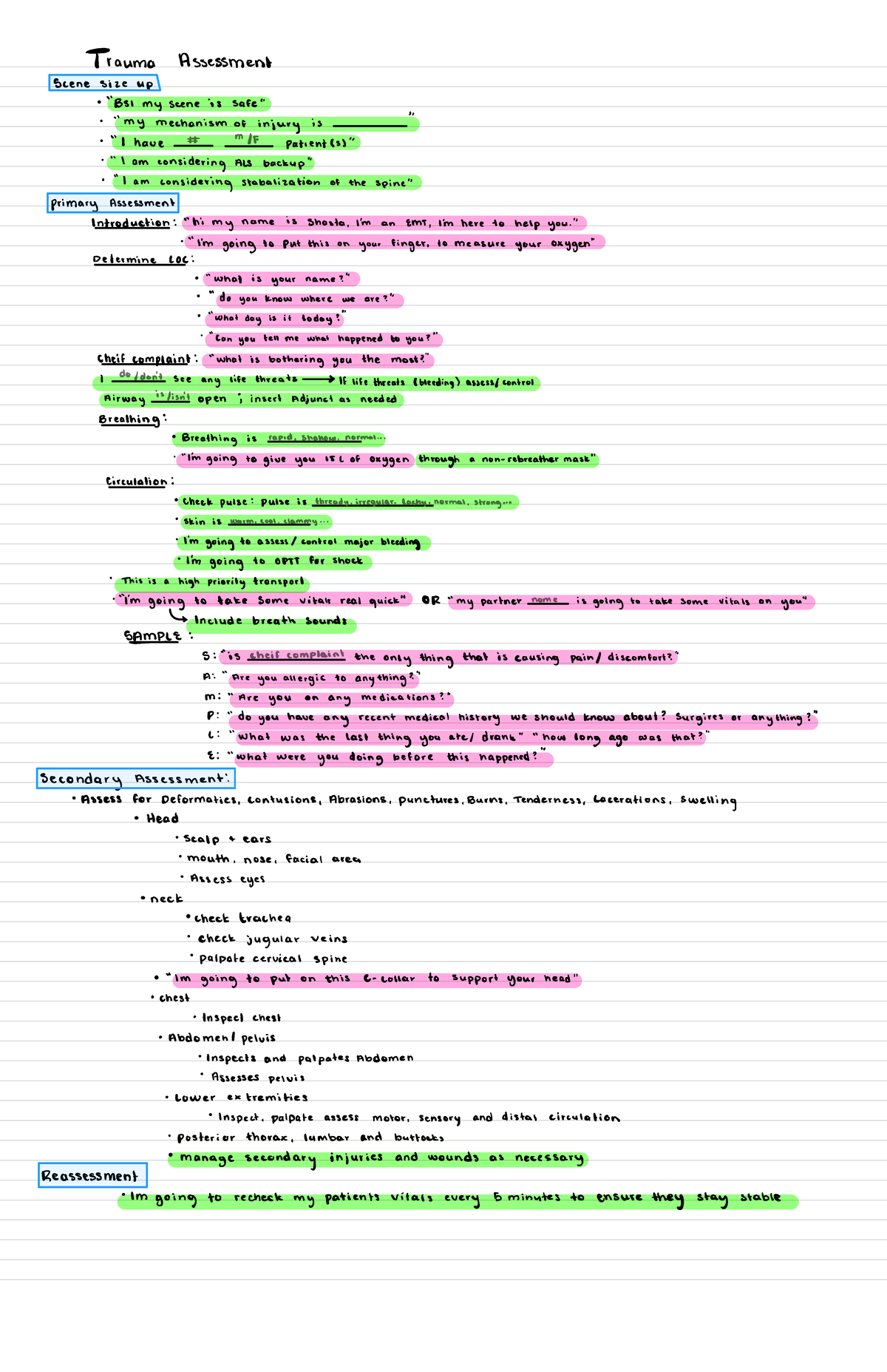 EMT-trauma script - Trauma Assessment Scene size up · "BS) my scene is ...