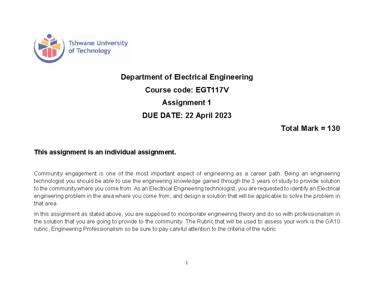 Assignment 1 2023 1 - Department of Electrical Engineering Course code ...