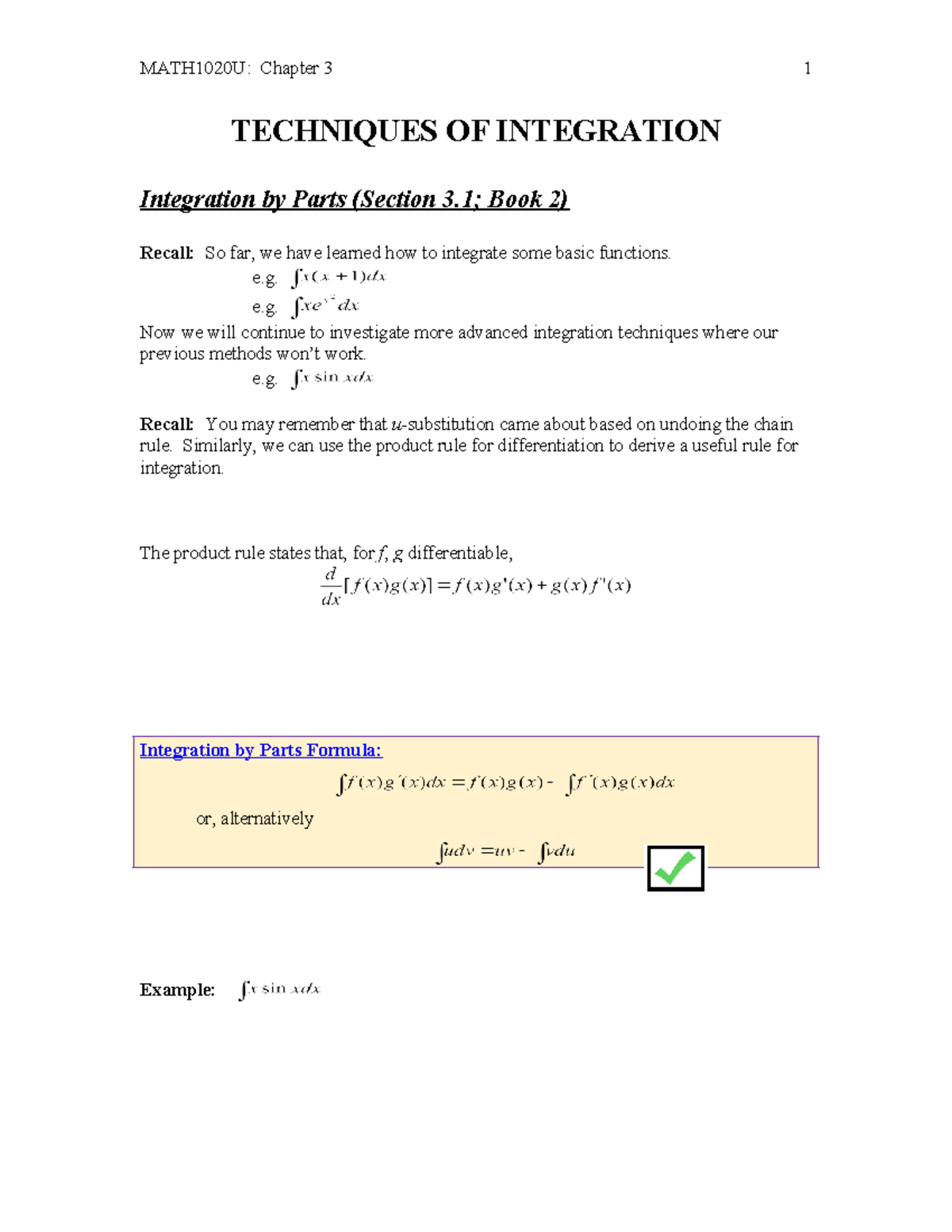 Mod1a intparts - calc 2 lec1 - TECHNIQUES OF INTEGRATION Integration by ...