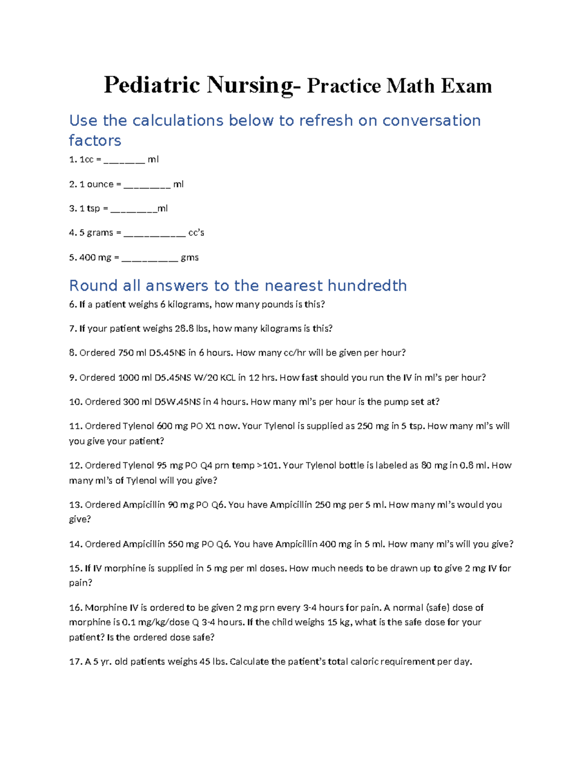 Math Practice Test - Math - Pediatric Nursing- Practice Math Exam Use ...