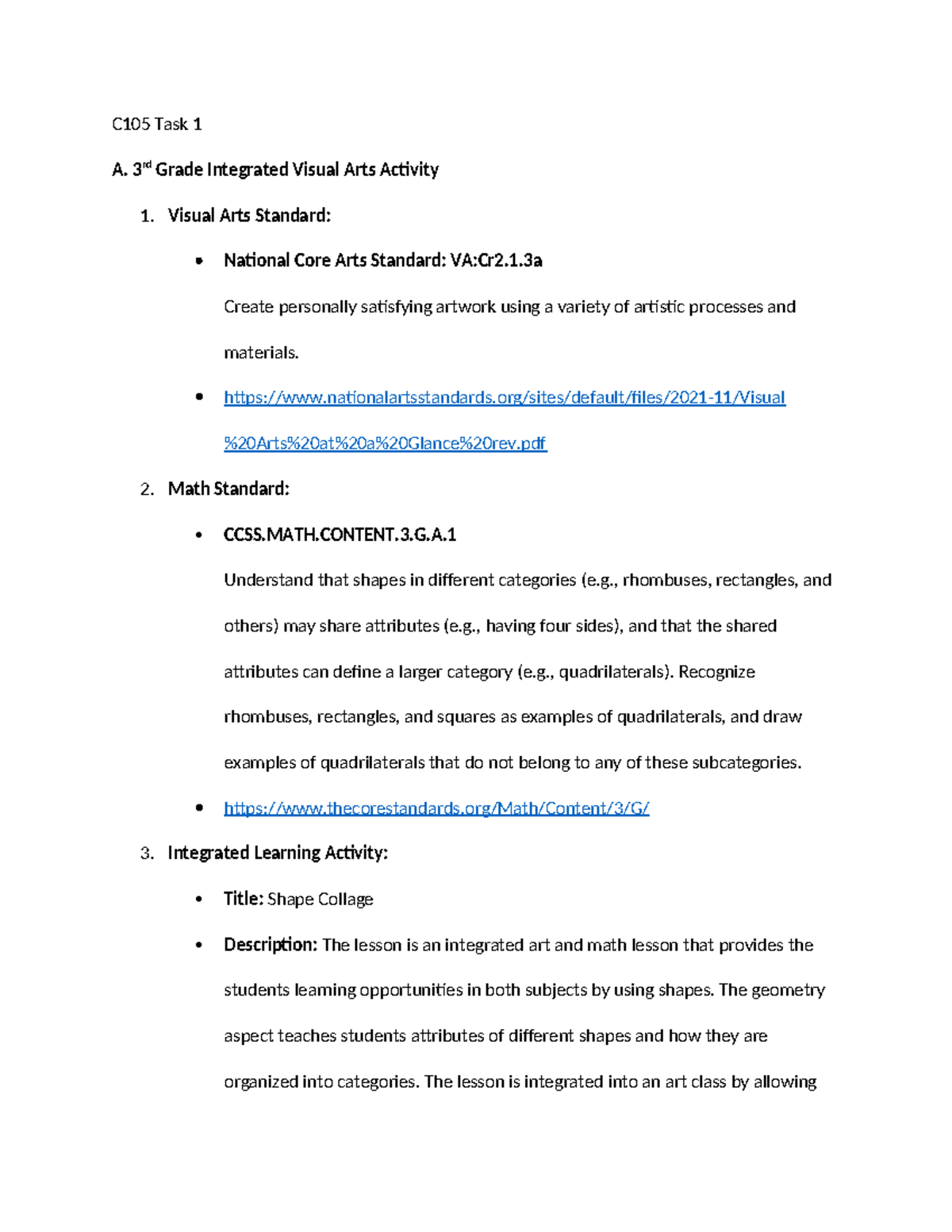 C105 Task1 - 3rd Grade Integrated Visual Arts Activity 1. Visual Arts ...