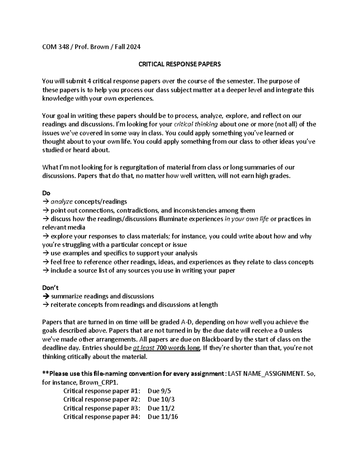 Critical response papers - COM 348 / Prof. Brown / Fall 20 24 CRITICAL ...