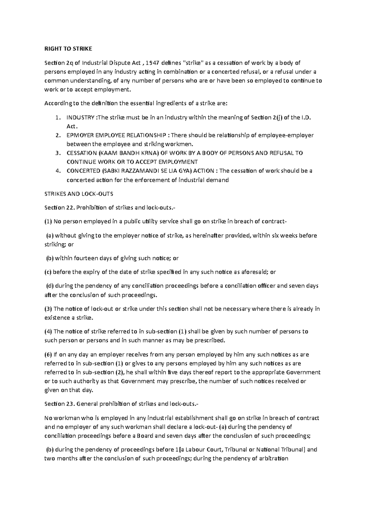 Right TO Strike - lecture notes - RIGHT TO STRIKE Section 2q of ...