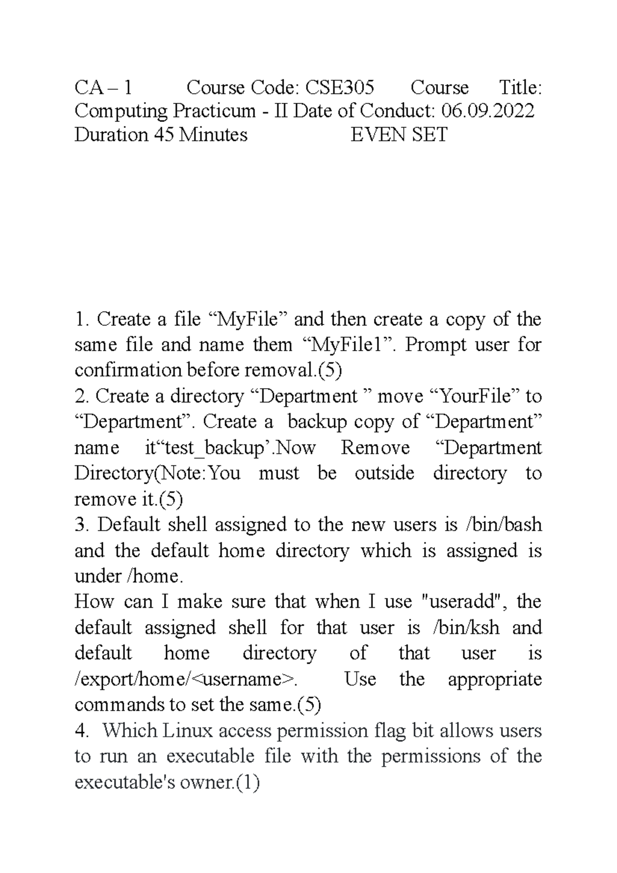 K20BZ EVEN - ca2 practice papers - CA – 1 Course Code: CSE305 Course ...