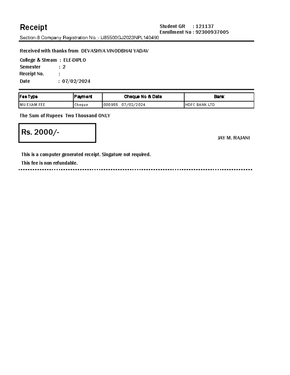 Fees Detail 2 - Receipt College & Stream : ELE-DIPLO Semester : 2 Receipt No. : Date : 07/02 ...