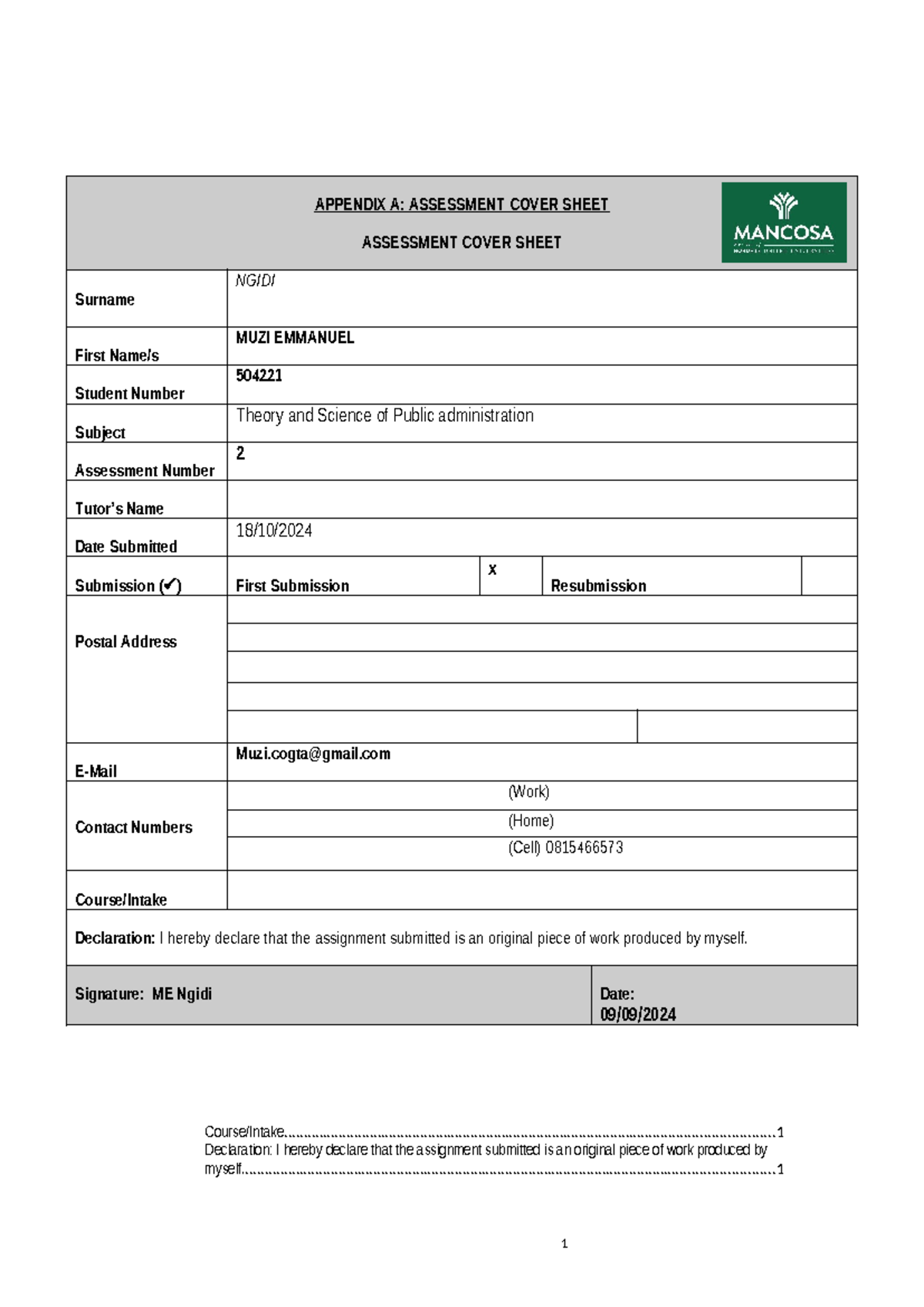Document 2 - assignment notes - APPENDIX A: ASSESSMENT COVER SHEET ...