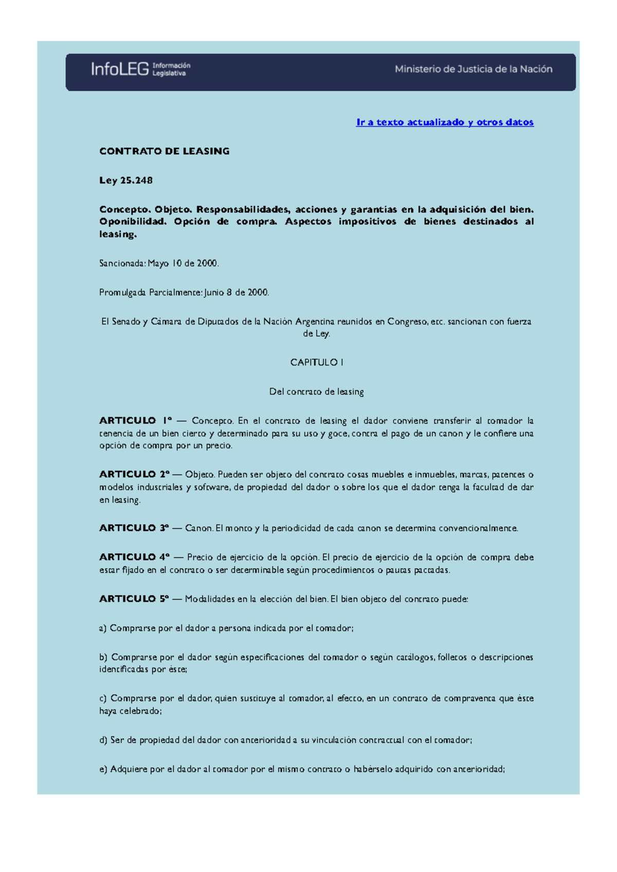 Contrato DE Leasing - Ir a texto actualizado y otros datos CONTRATO DE ...