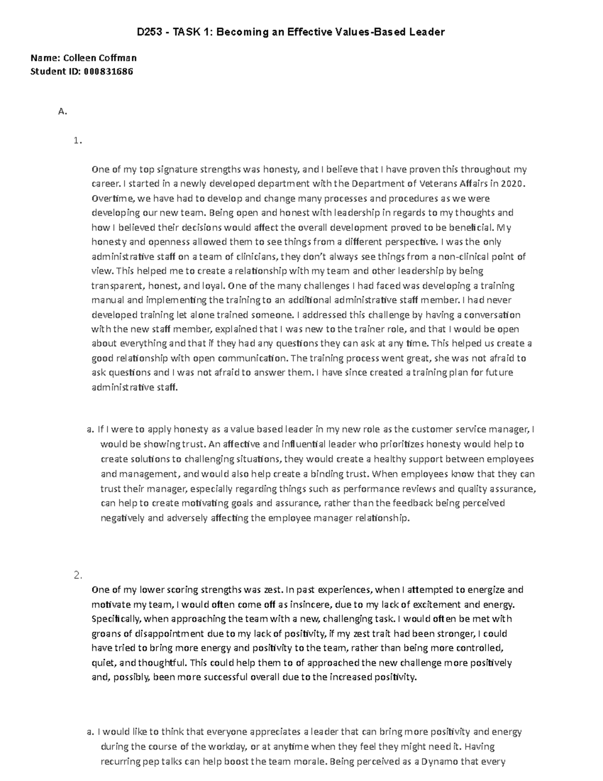 D253 Task 1 - D253 Task 1 - D253 - TASK 1: Becoming an Effective Values ...