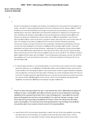 D253 Task 1 Template - valued based leadership - D253 – Values-Based ...