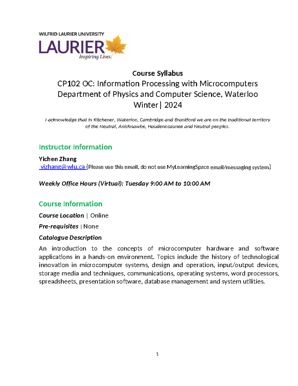 CP102 OC2 Syllabus W24 - Summary Information Processing with ...