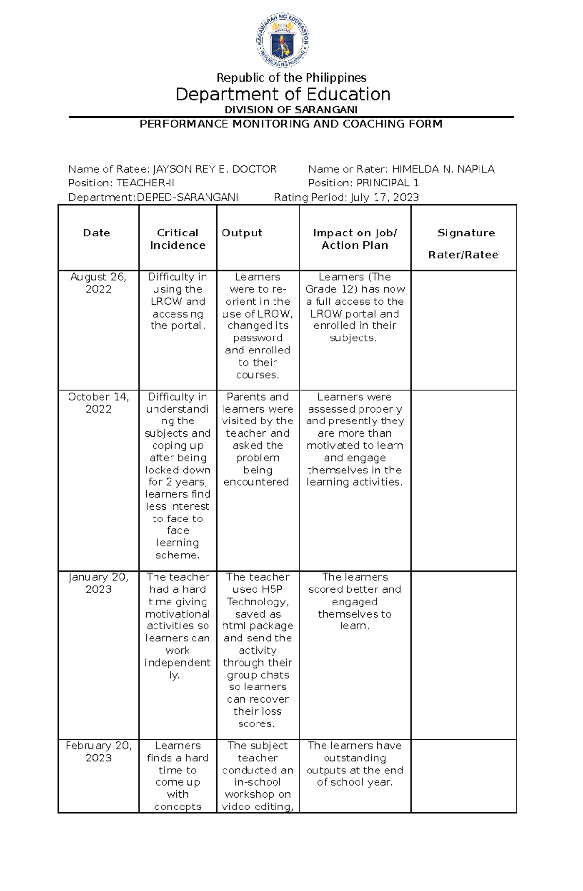 Performance Monitoring AND Coaching FORM - Republic of the Philippines ...