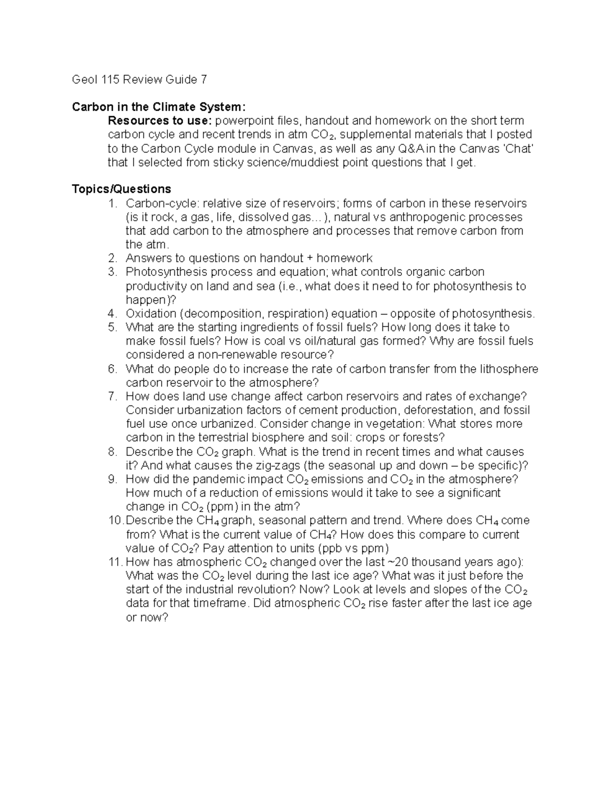 G115 RG7 carbon cycle Fall2022 - Geol 115 Review Guide 7 Carbon in the ...