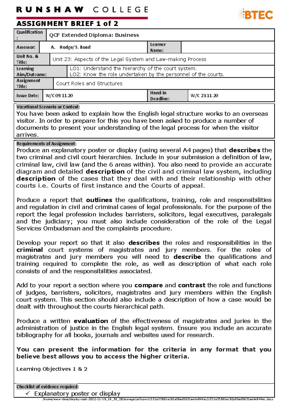 ALS Assignment brief 1 - ASSIGNMENT BRIEF 1 of 2 Qualification : QCF ...