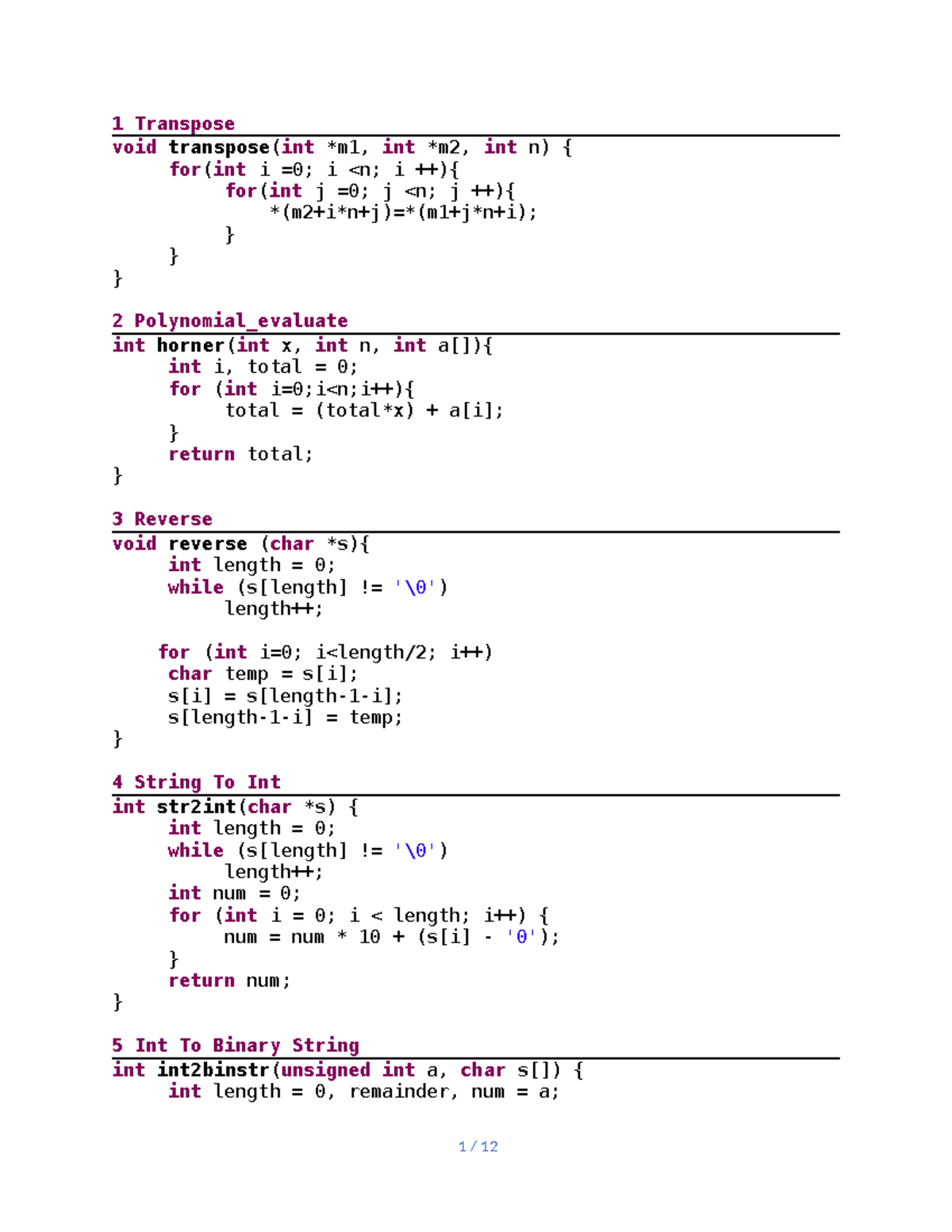 Cp264 final review - 1 Transpose void transpose ( int m1, int m2, int n) { for ( int i =0; i