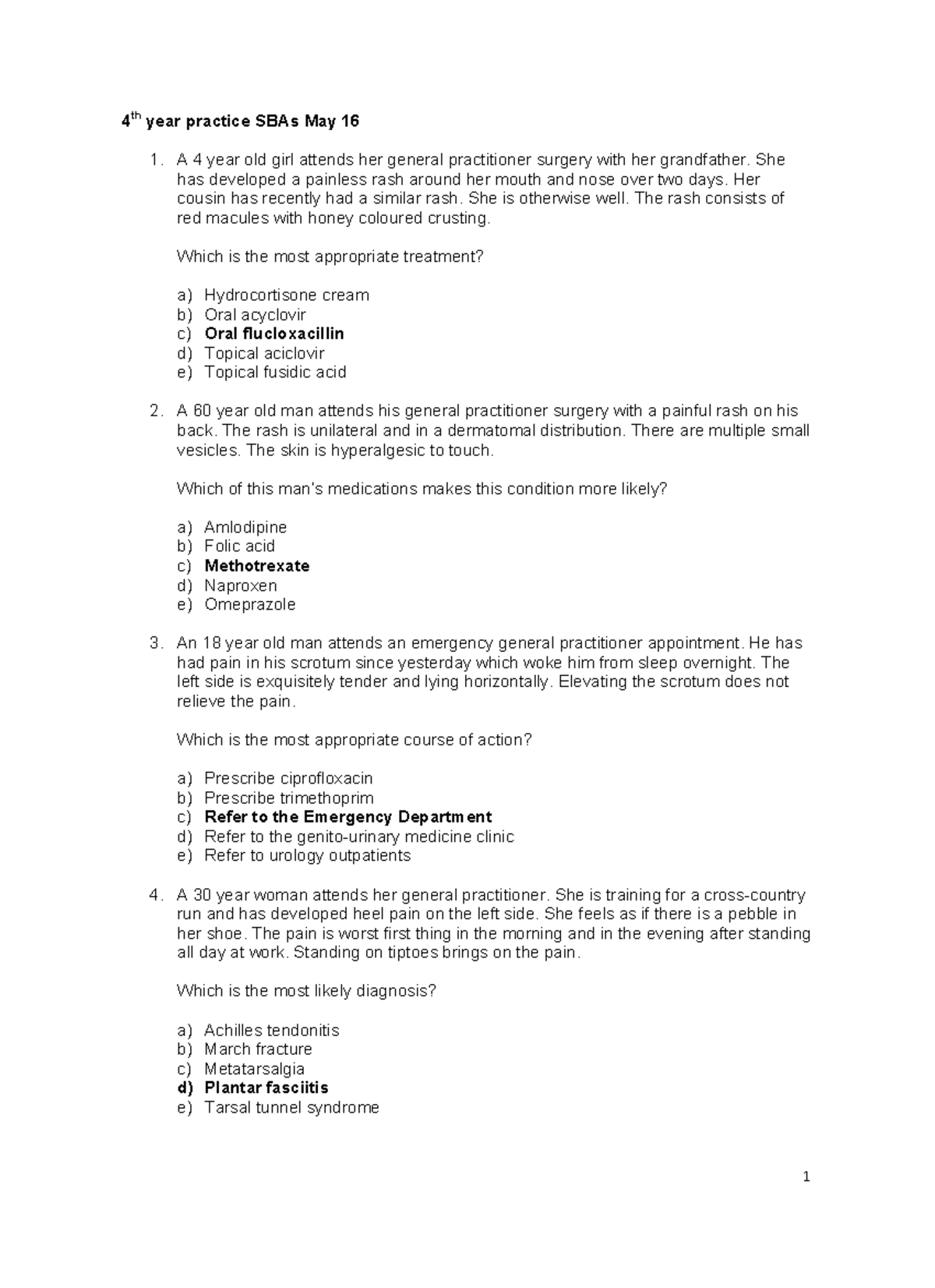 Year 4 MCQ Practice 2016 Answers Explanations 4 Th Year Practice