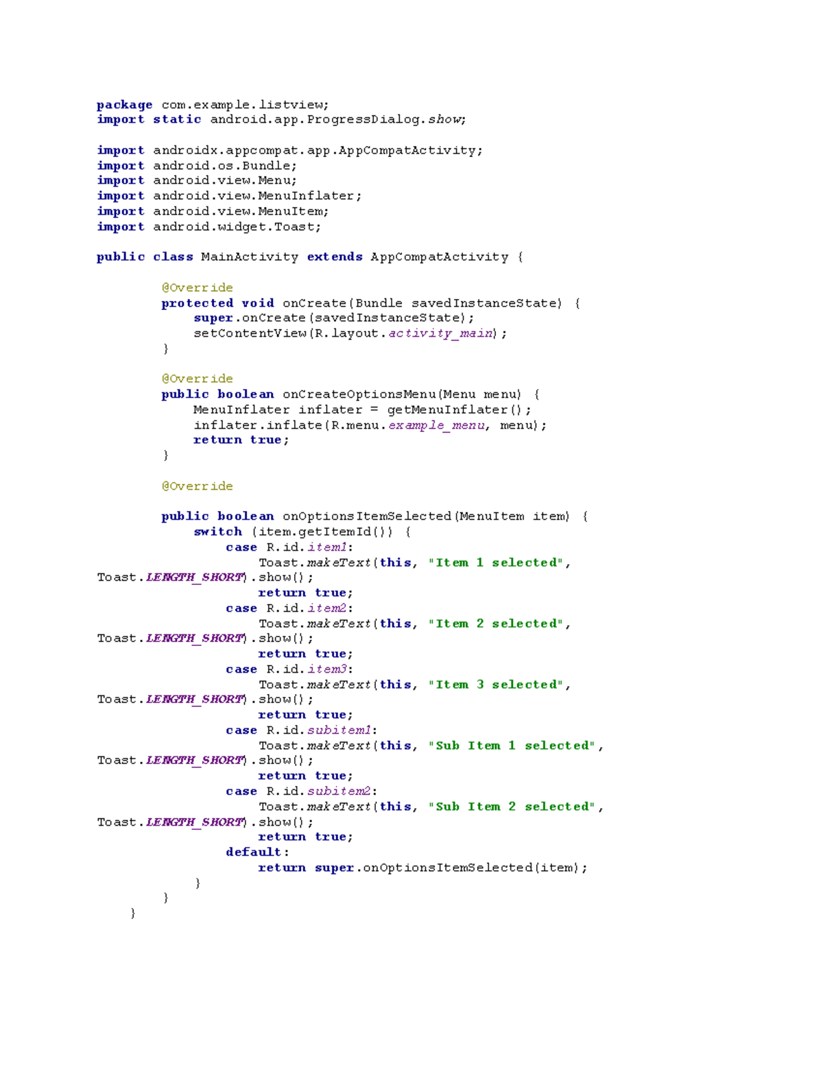 Android menu - package com.example; import static android.app.ProgressDialog; import - Studocu