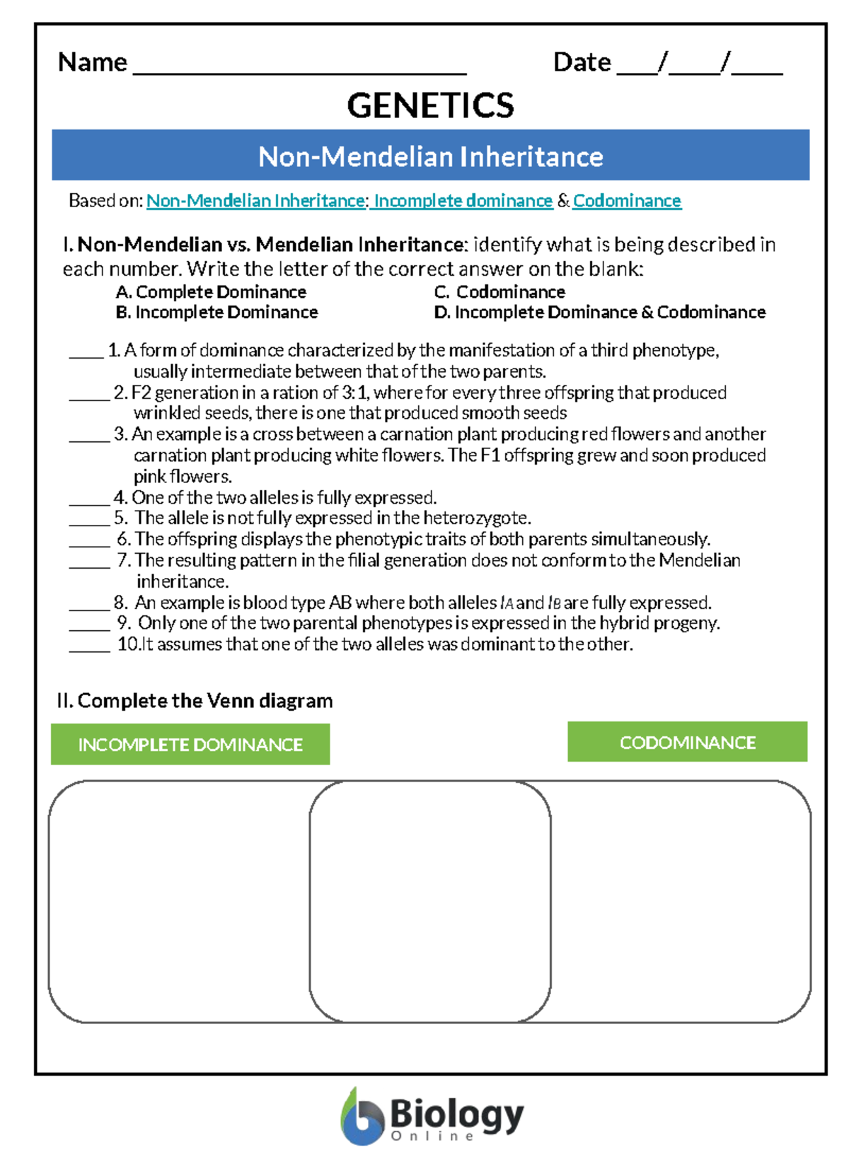 NON Mendelian Inheritance Worksheet - Name ...