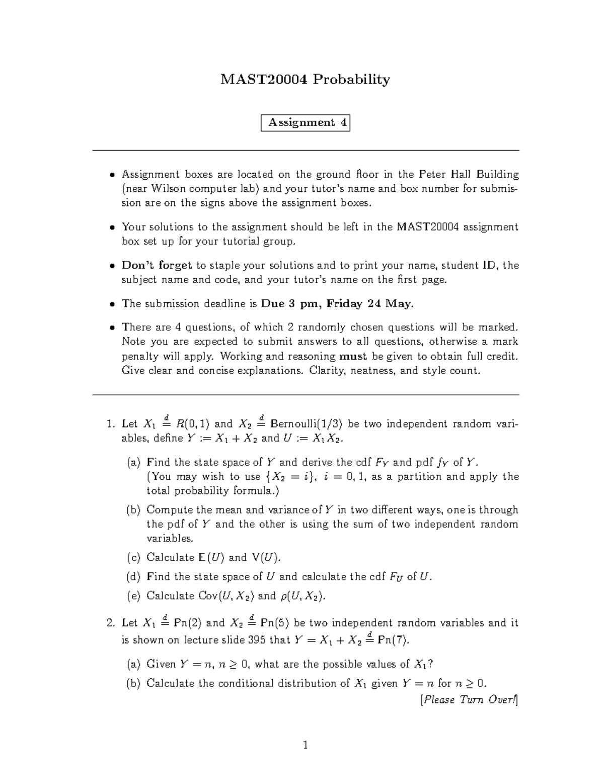 MAST2000 4 2019 Assign 4 - MAST20004 Probability Assignment 4 ...