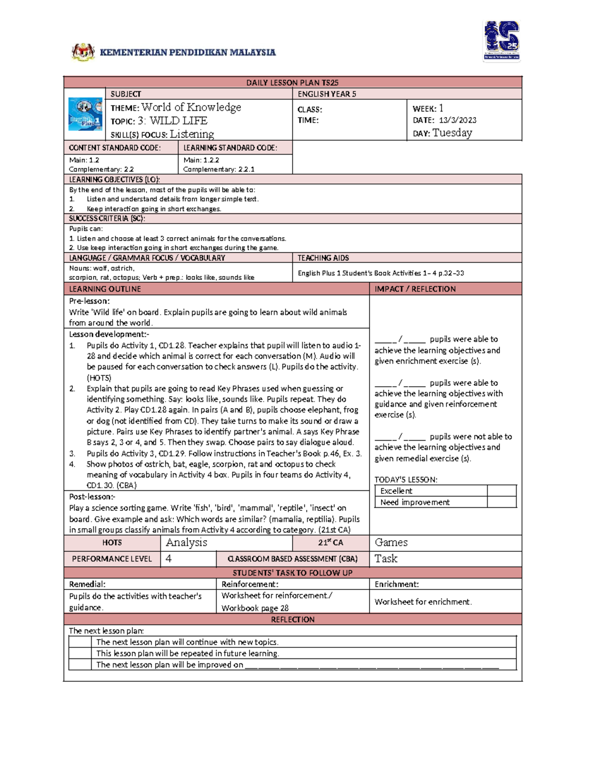 9.4 BI Y5 TS25 UNIT 3 (LP53-70) - DAILY LESSON PLAN TS SUBJECT ENGLISH ...