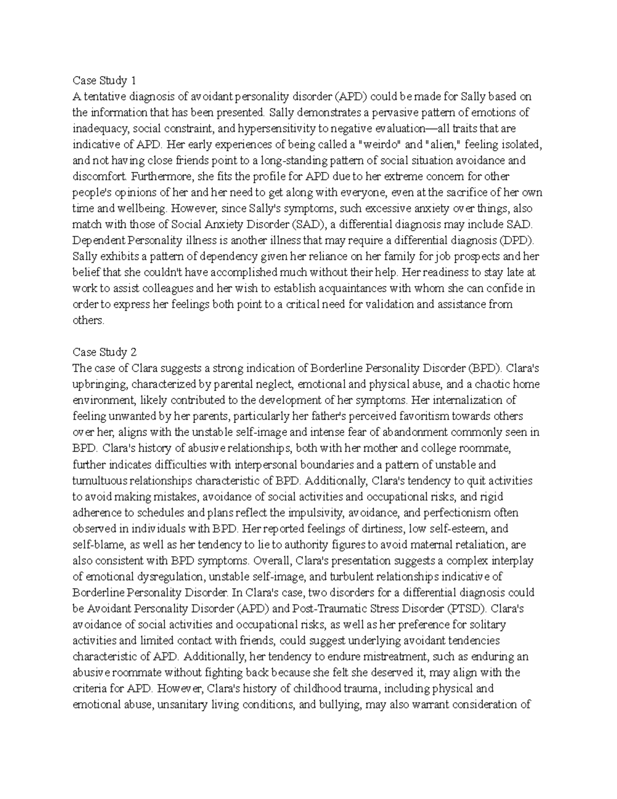 Psychopathology Case Study - Case Study 1 A tentative diagnosis of ...