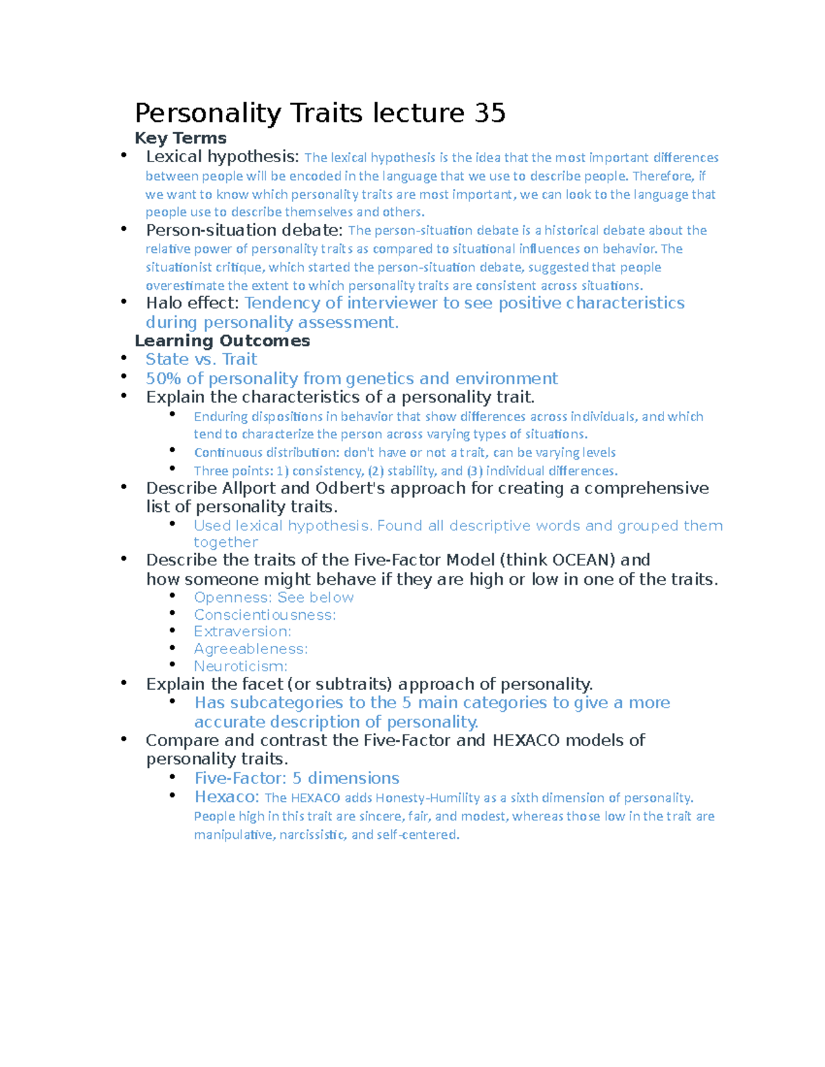 Personality Traits lecture 35 - Psych 111 - BYU - Studocu