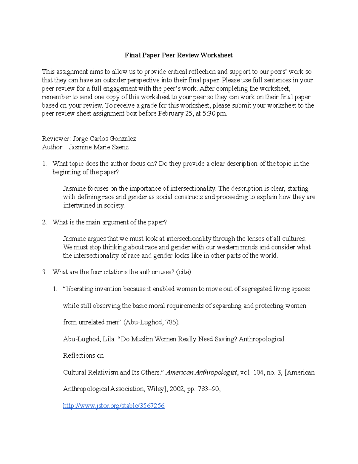 Peer Review Worksheet - Final Paper Peer Review Worksheet This ...