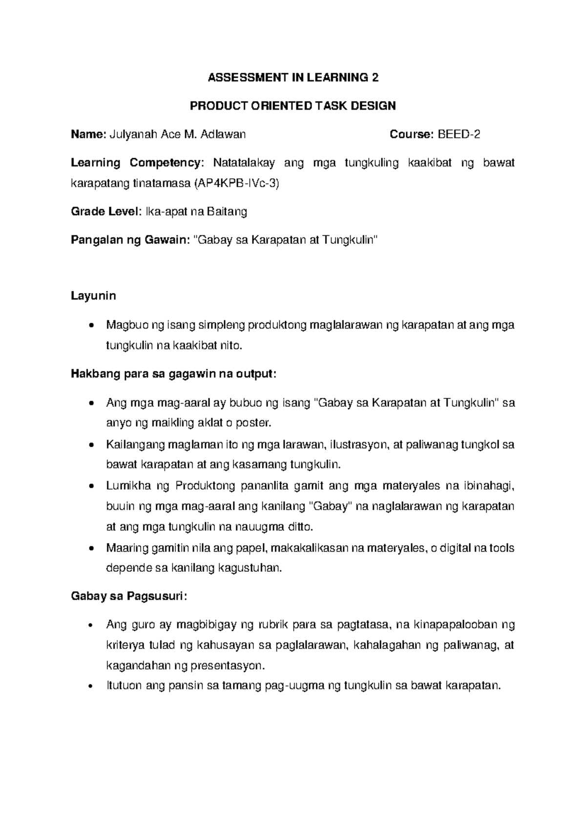Adlawan, Julyanah ACE M.- Product Oriented - ASSESSMENT IN LEARNING 2 PRODUCT ORIENTED TASK ...