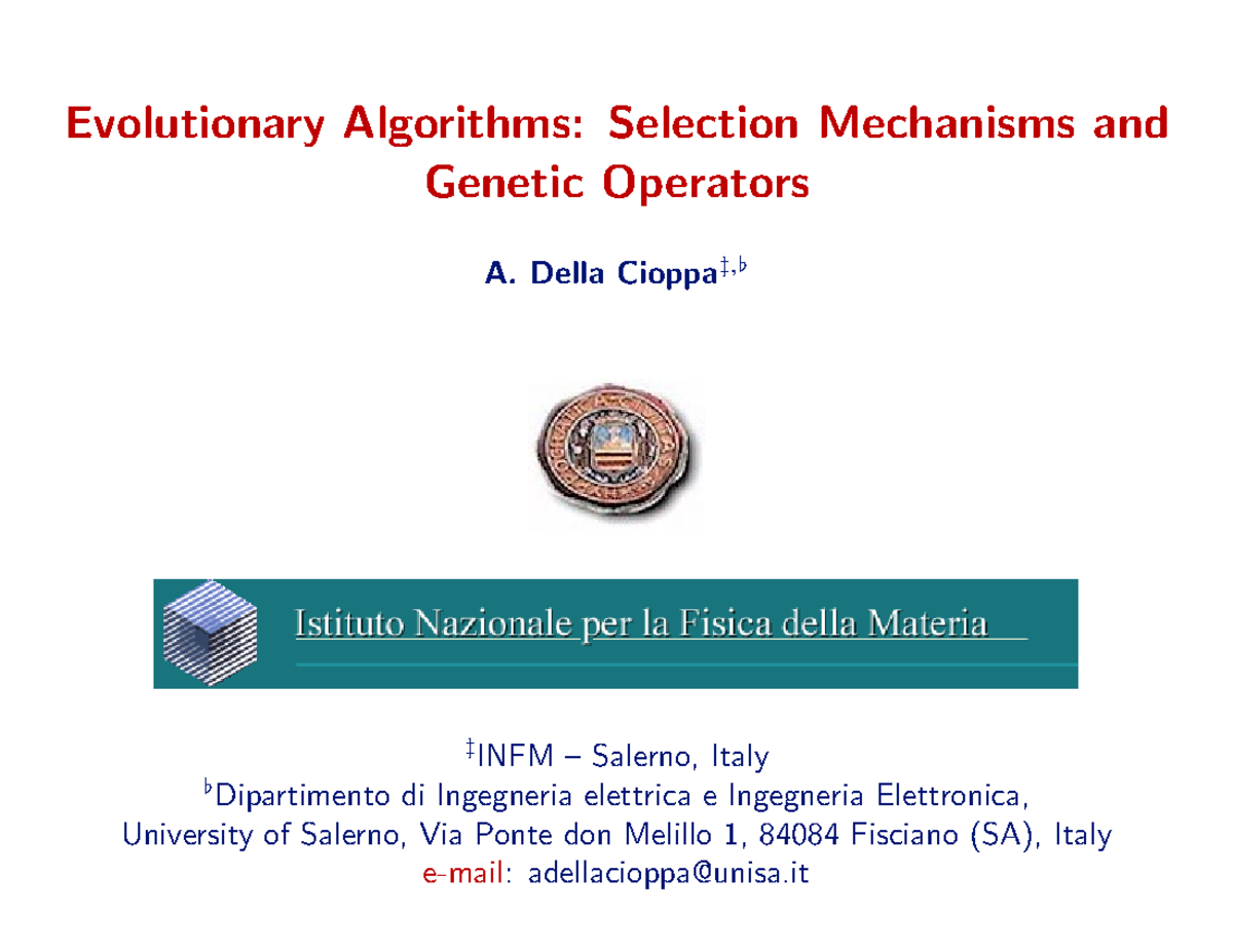 Appunti - lezione 10 - evolutionary algorithms: selection mechanisms and genetic operators ...