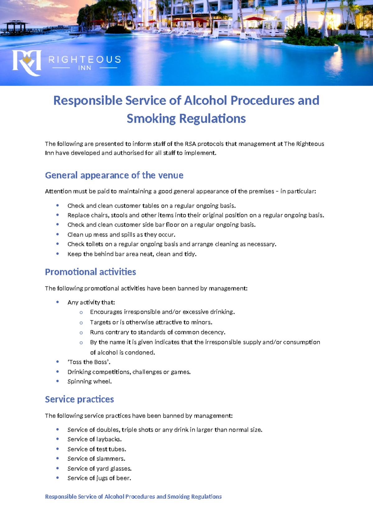 Righteous Inn - RSA and Smoking Regulations - Responsible Service of ...