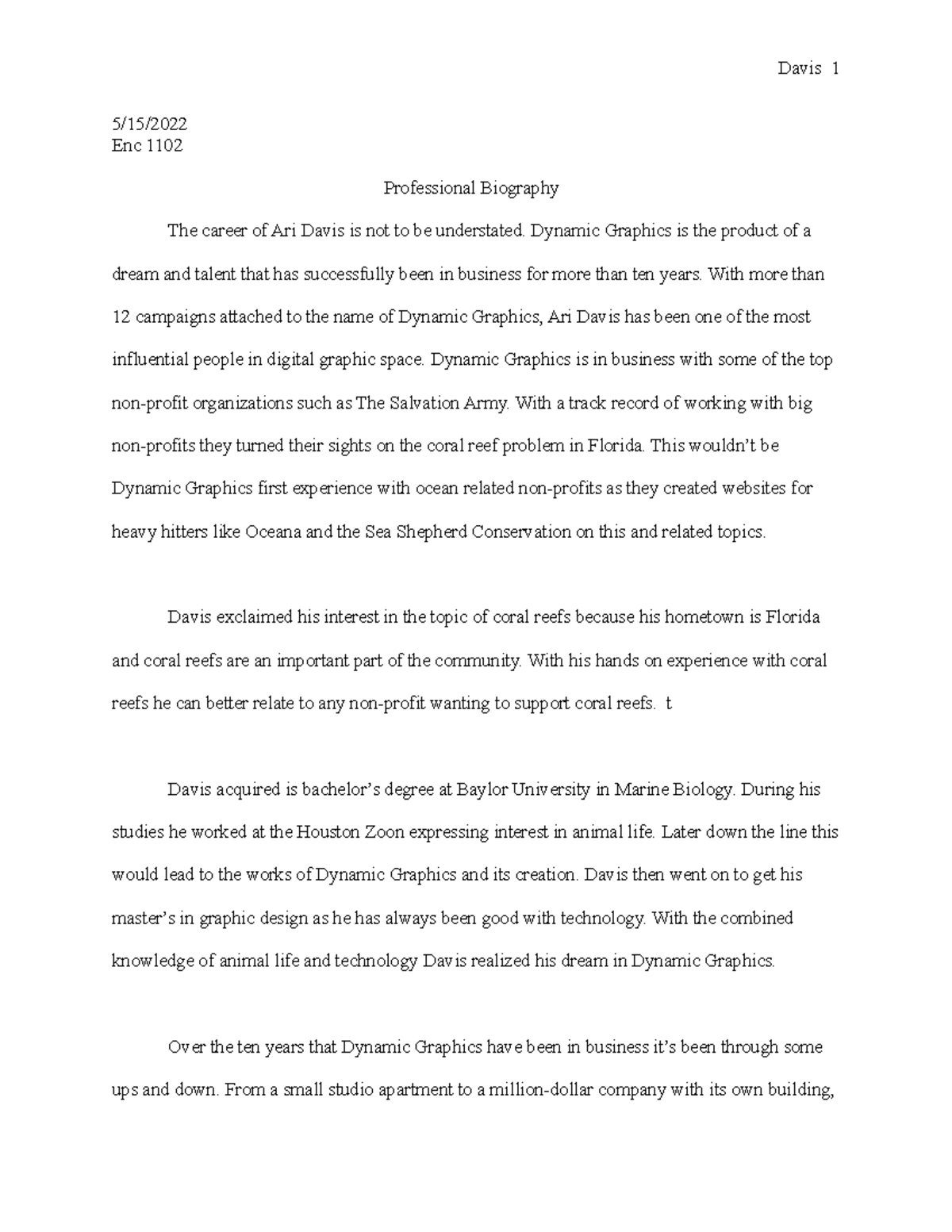 Professional Biography - Davis 1 5/15/ Enc 1102 Professional Biography ...