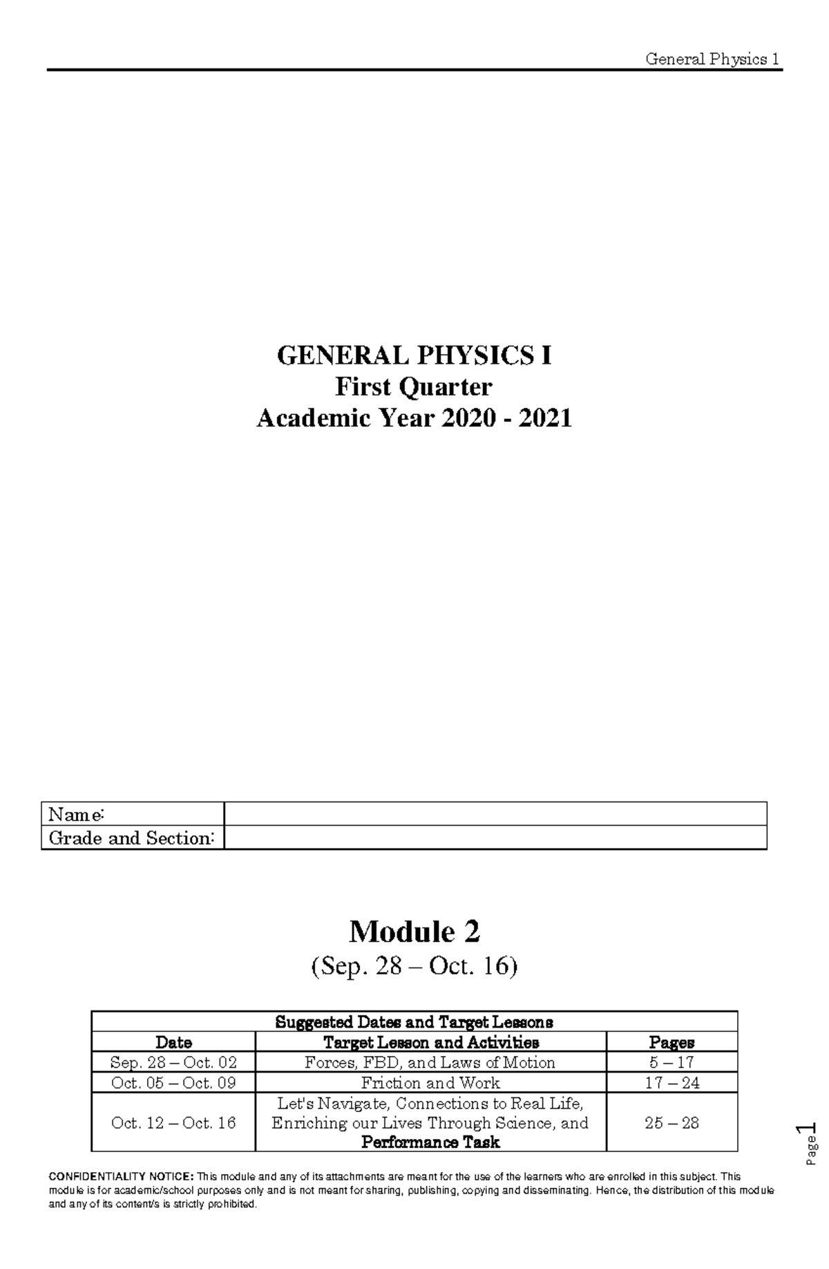 General Physics Module (Physics 1) - CONFIDENTIALITY NOTICE: This ...
